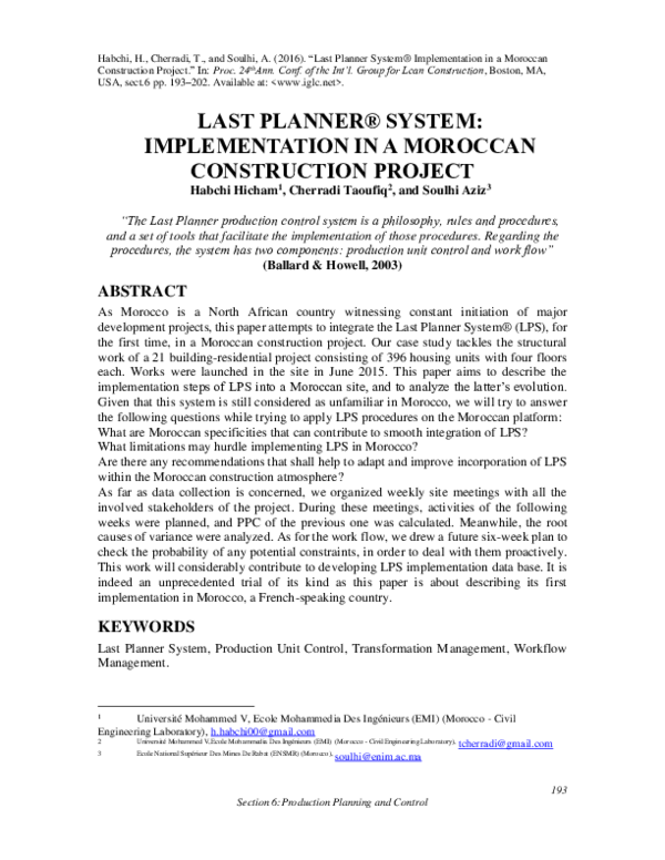 (PDF) Last Planner® System: Implementation in a Moroccan Construction Project