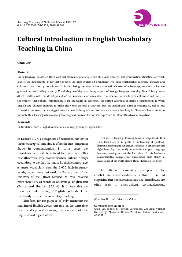 (PDF) Cultural Introduction in English Vocabulary Teaching in China