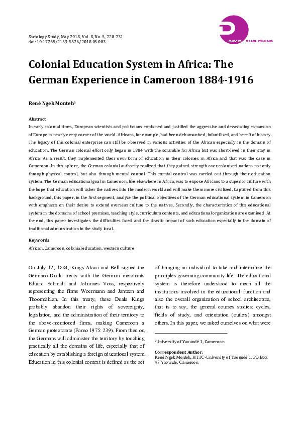 (PDF) Colonial Education System in Africa: The German Experience in ...