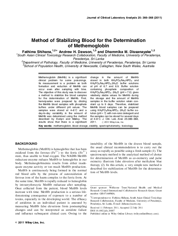 (PDF) Method of stabilizing blood for the determination of methemoglobin