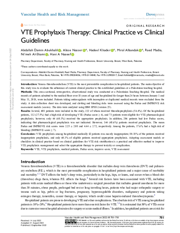 (PDF) VTE Prophylaxis Therapy: Clinical Practice vs Clinical Guidelines