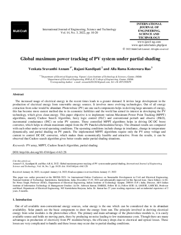 (PDF) Global maximum power tracking of PV system under partial shading