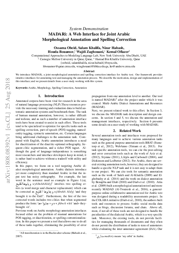 (PDF) MADARi: A Web Interface for Joint Arabic Morphological Annotation and Spelling Correction