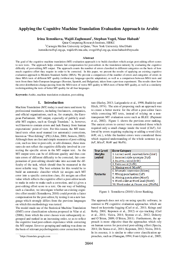 (PDF) Applying the Cognitive Machine Translation Evaluation Approach to Arabic