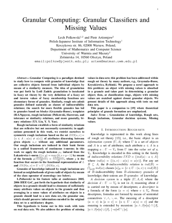 (PDF) Granular Computing: Granular Classifiers and Missing Values | Lech Polkowski - Academia.edu