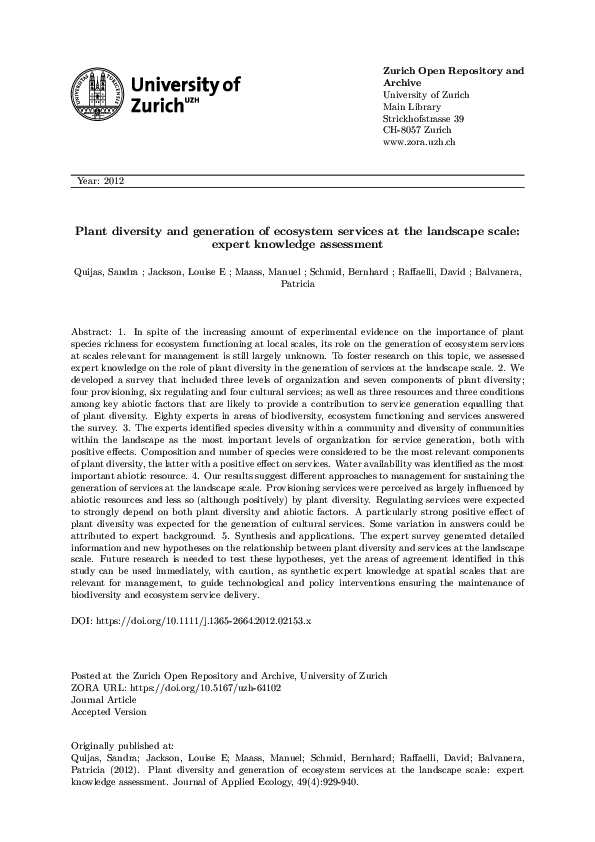 (PDF) Plant diversity and generation of ecosystem services at the landscape scale: expert ...