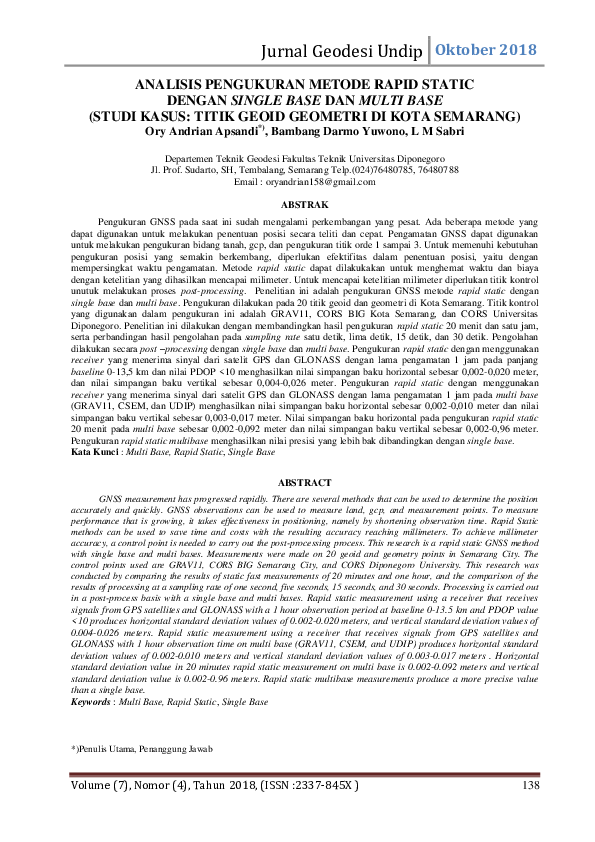 (PDF) Analisis Pengukuran Metode Rapid Static Dengan Single Base Dan ...