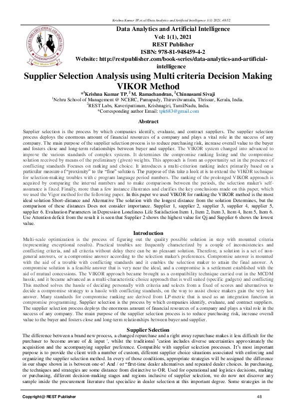 (PDF) Supplier Selection via Enhanced VIKOR Method