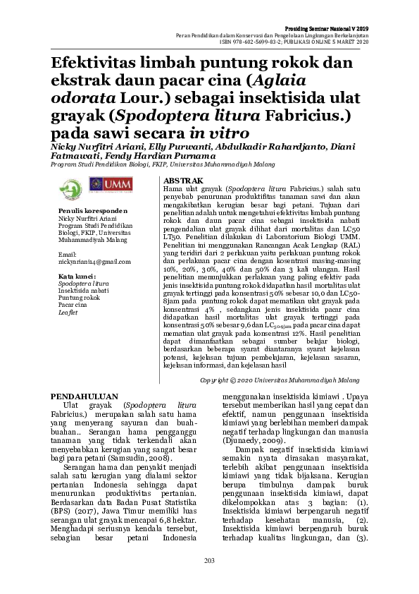 (PDF) Efektivitas limbah puntung rokok dan ekstrak daun pacar cina ...