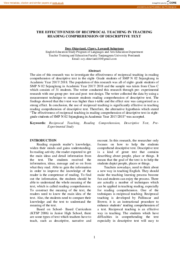 (PDF) The Effectiveness of Reciprocal Teaching in Teaching Reading Comprehension of Descriptive Text