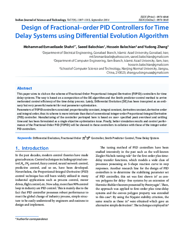 (PDF) Design of Fractional–order PID Controllers for Time Delay Systems using Differential ...