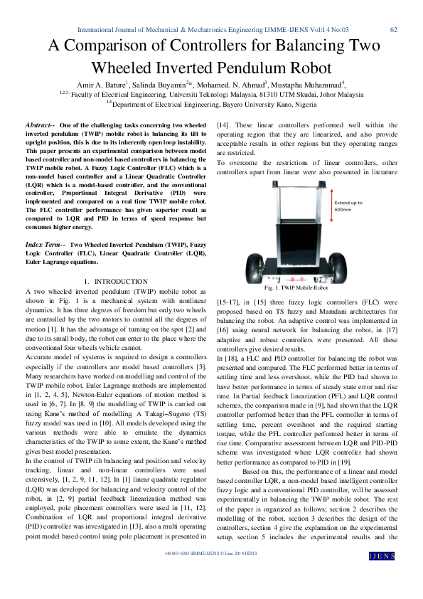 (PDF) A Comparison of Controllers for Balancing Two Wheeled Inverted Pendulum Robot