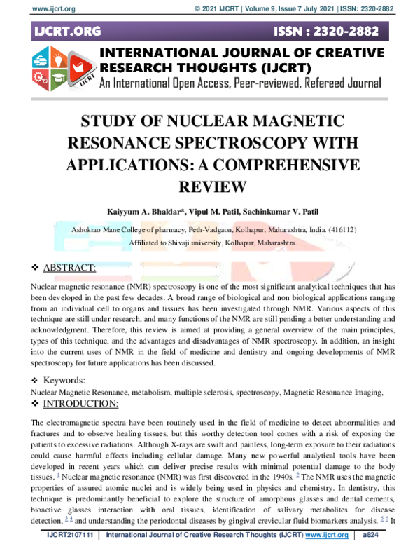 (PDF) Study of Nuclear Magnetic Resonance Spectroscopy with Applications: A Comprehensive Review