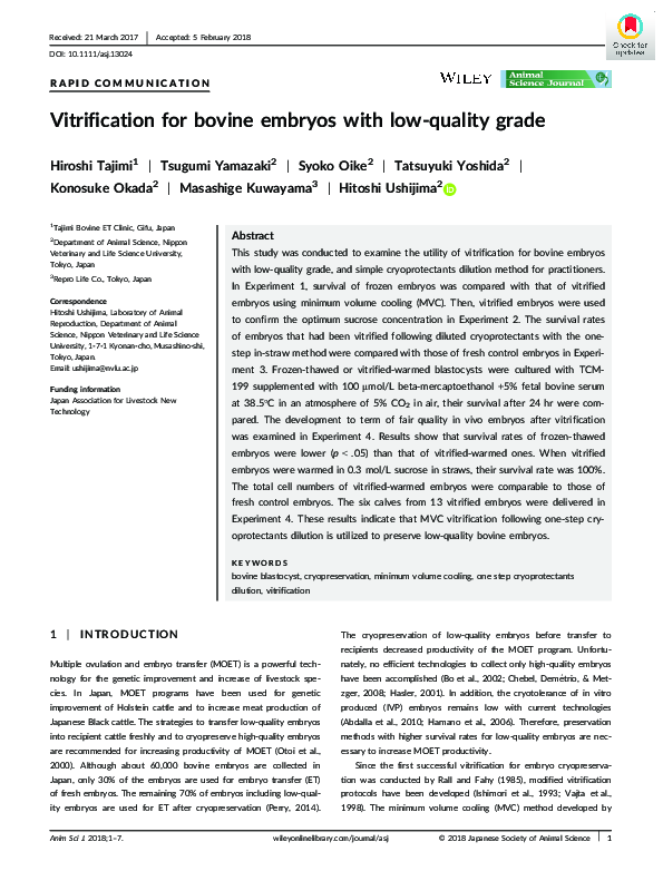 (PDF) Vitrification for bovine embryos with low-quality grade