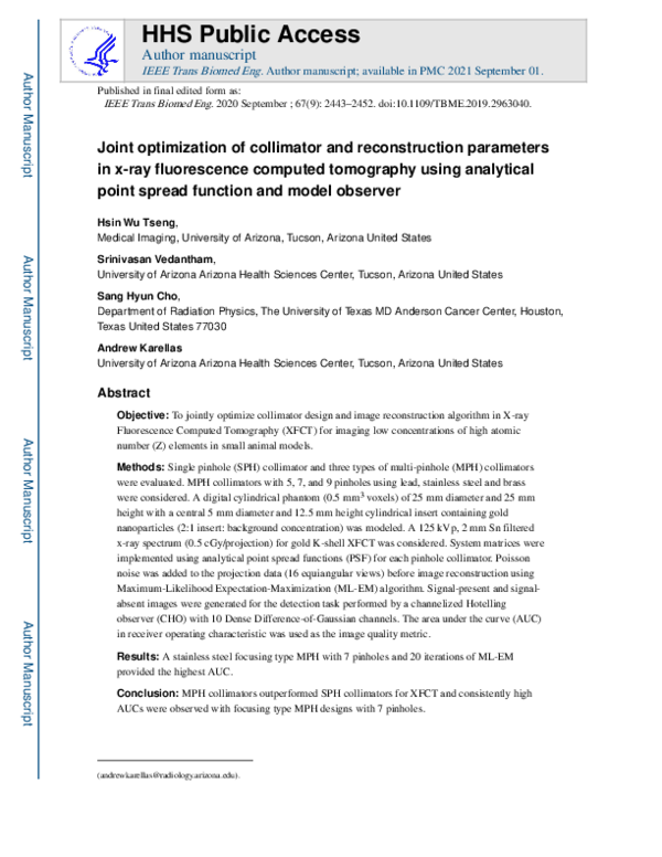 Pdf Joint Optimization Of Collimator And Reconstruction Parameters In X Ray Fluorescence