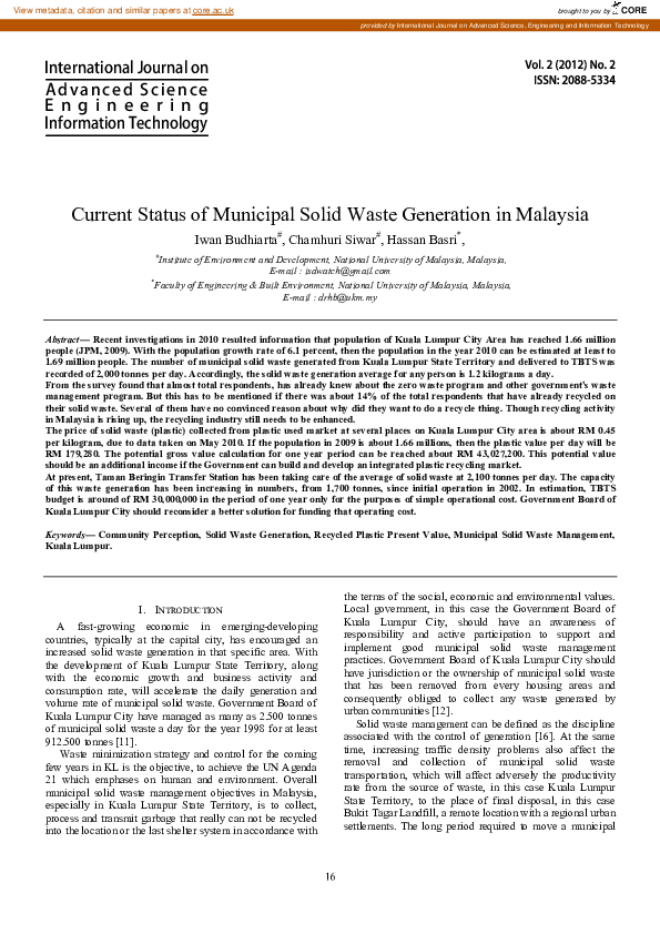 (PDF) Current Status of Municipal Solid Waste Generation in Malaysia