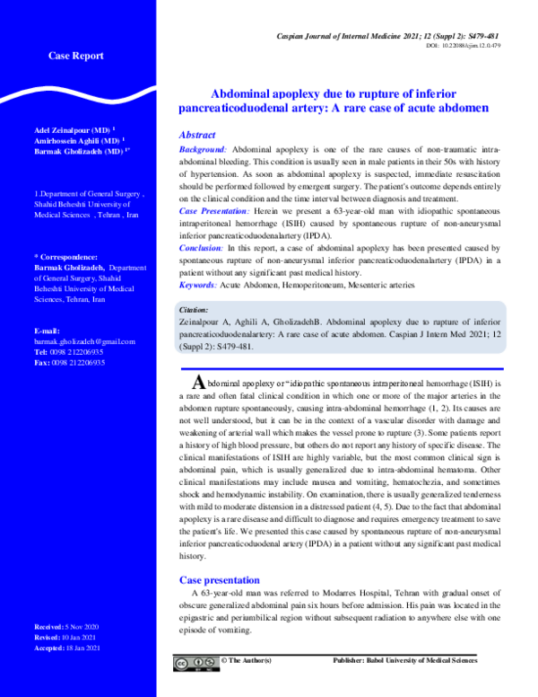 (PDF) Abdominal apoplexy due to rupture of inferior pancreaticoduodenal ...