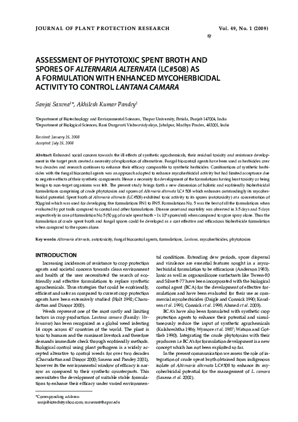 (PDF) Assessment of phytotoxic spent broth and spores of Alternaria ...