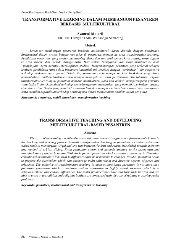 (PDF) Transformative Learning dalam Membangun Pesantren Berbasis Multikultural