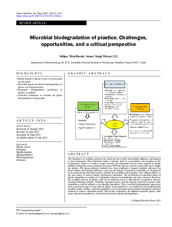 (PDF) Microbial biodegradation of plastics: Challenges, opportunities ...