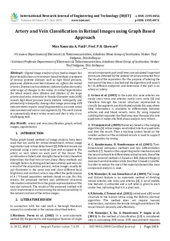 (PDF) Artery and Vein Classification in Retinal Images using Graph Based Approach