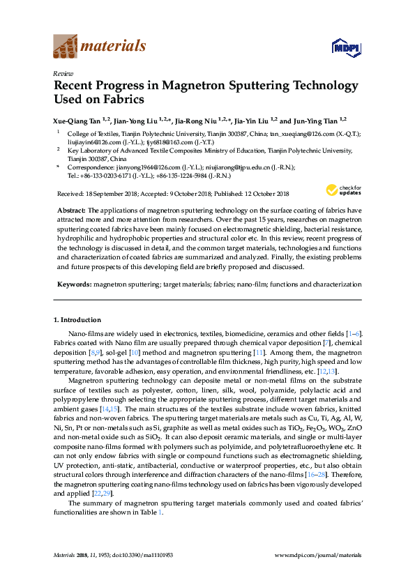 (PDF) Recent Progress in Magnetron Sputtering Technology Used on Fabrics
