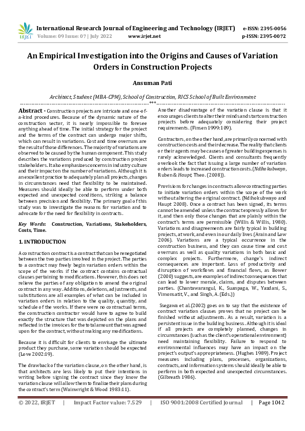 (PDF) An Empirical Investigation into the Origins and Causes of Variation Orders in Construction ...
