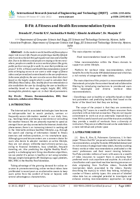 (PDF) B-Fit: A Fitness and Health Recommendation System