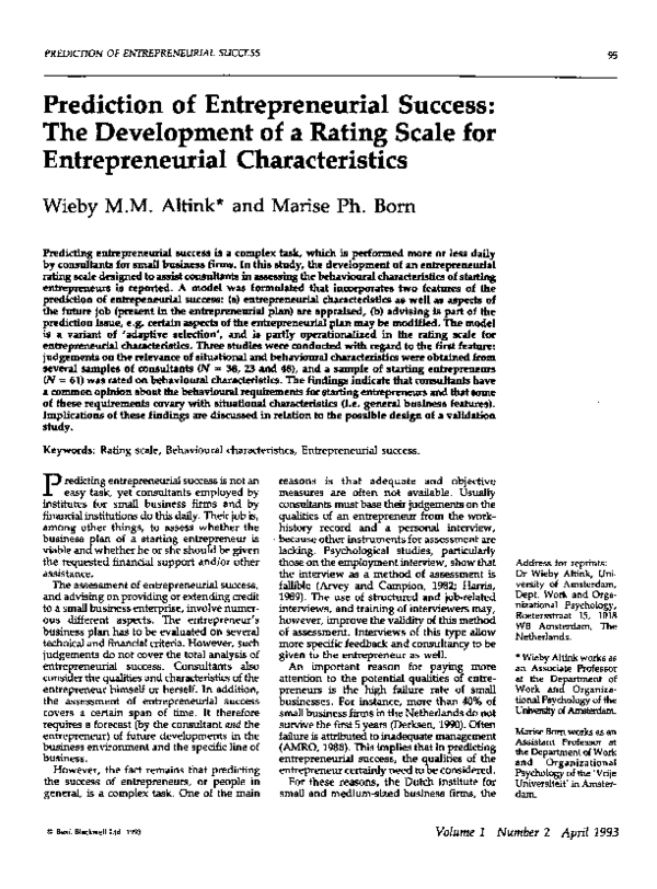 (PDF) Prediction of Entrepreneurial Success: The Development of a ...