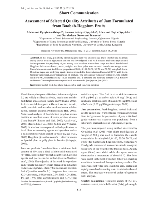 (PDF) Assessment of Selected Quality Attributes of Jam Formulated from ...