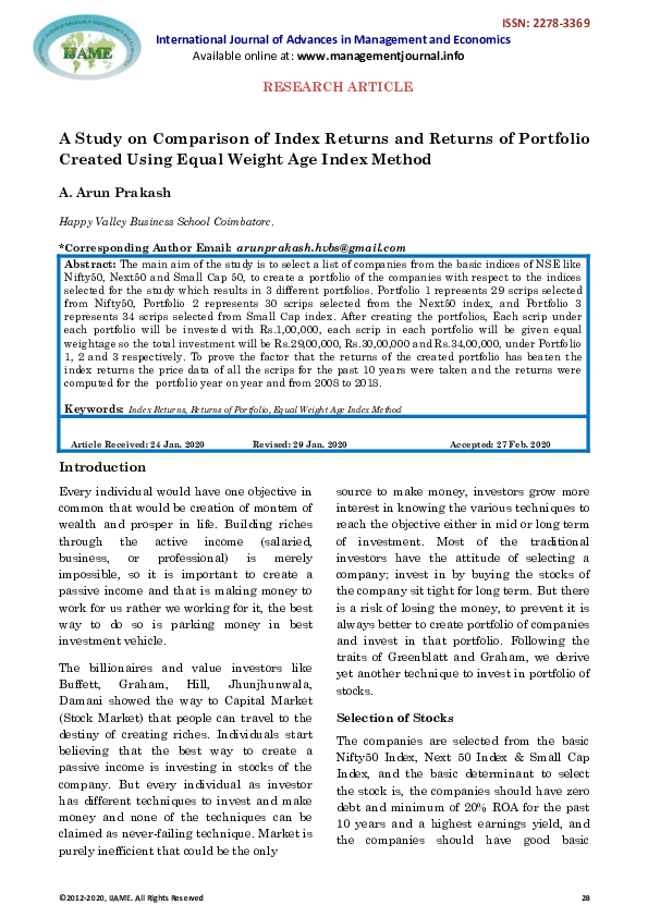 (PDF) A Study on Comparison of Index Returns and Returns of Portfolio Created Using Equal Weight ...