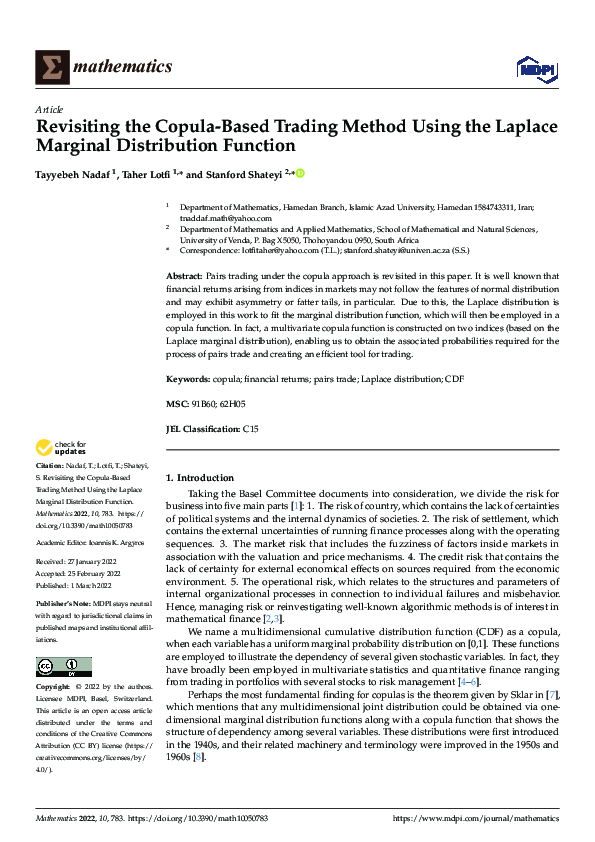 (PDF) Revisiting the Copula-Based Trading Method Using the Laplace Marginal Distribution Function