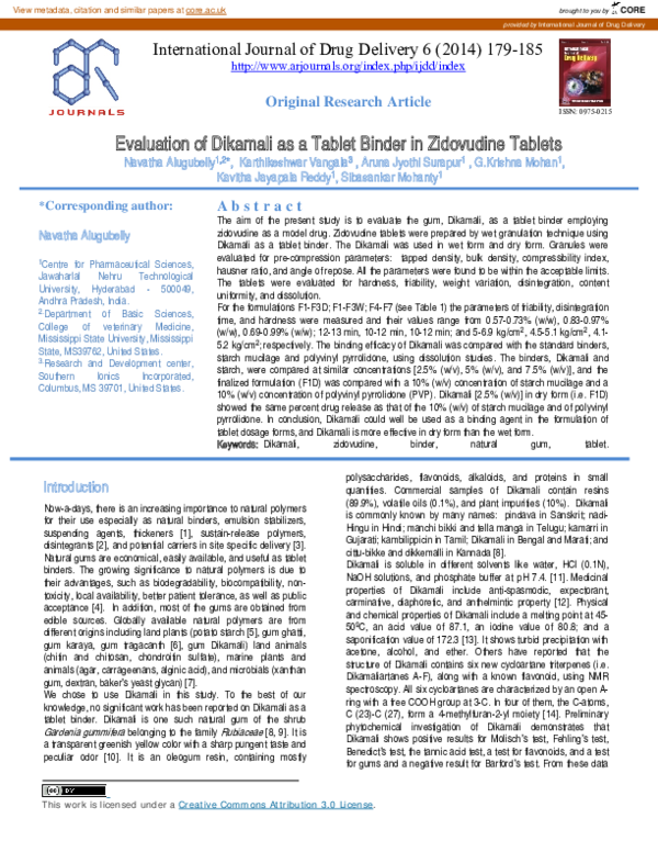 Pdf Dikamali As Binder In Zidovudine Tablets