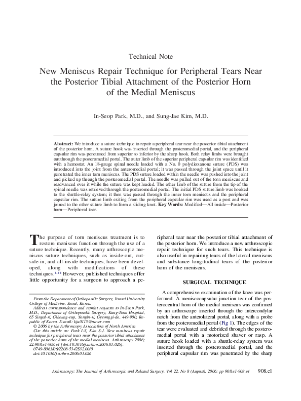 (PDF) New Meniscus Repair Technique for Peripheral Tears Near the ...