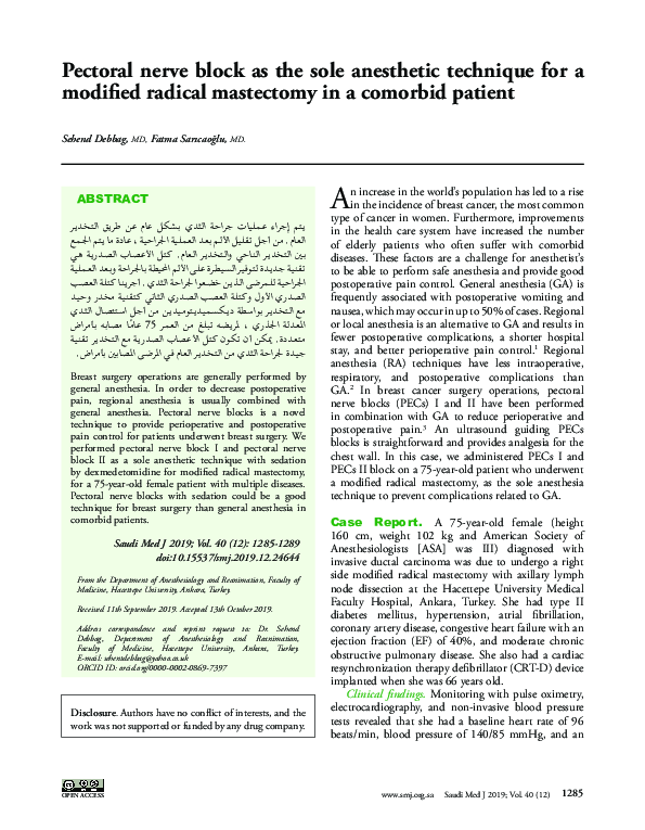 (PDF) Pectoral nerve block as the sole anesthetic technique for a modi ...