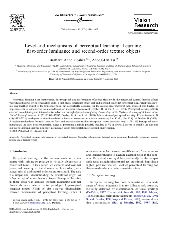 (PDF) Level and mechanisms of perceptual learning: Learning first-order luminance and second ...