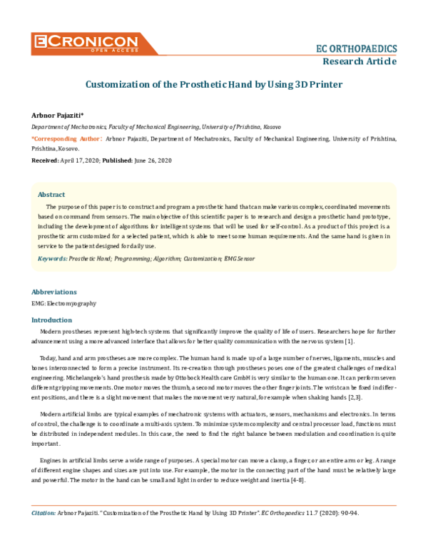 (PDF) Customization of the Prosthetic Hand by Using 3D Printer