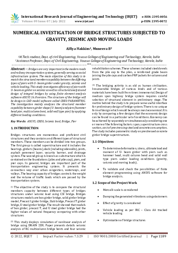 (PDF) NUMERICAL INVESTIGATION OF BRIDGE STRUCTURES SUBJECTED TO GRAVITY, SEISMIC AND MOVING LOADS