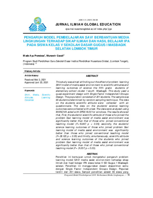 (PDF) Pengaruh Model Pembelajaran Savi Berbantuan Media Lingkungan Terhadap Sikap Ilmiah Dan ...