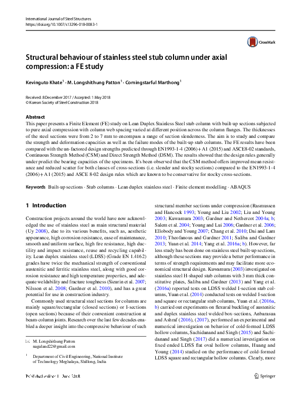 (PDF) Structural behaviour of stainless steel stub column under axial ...
