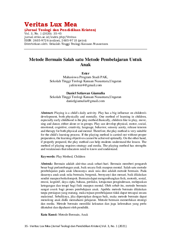 (PDF) Metode Bermain Salah satu Metode Pembelajaran Untuk Anak