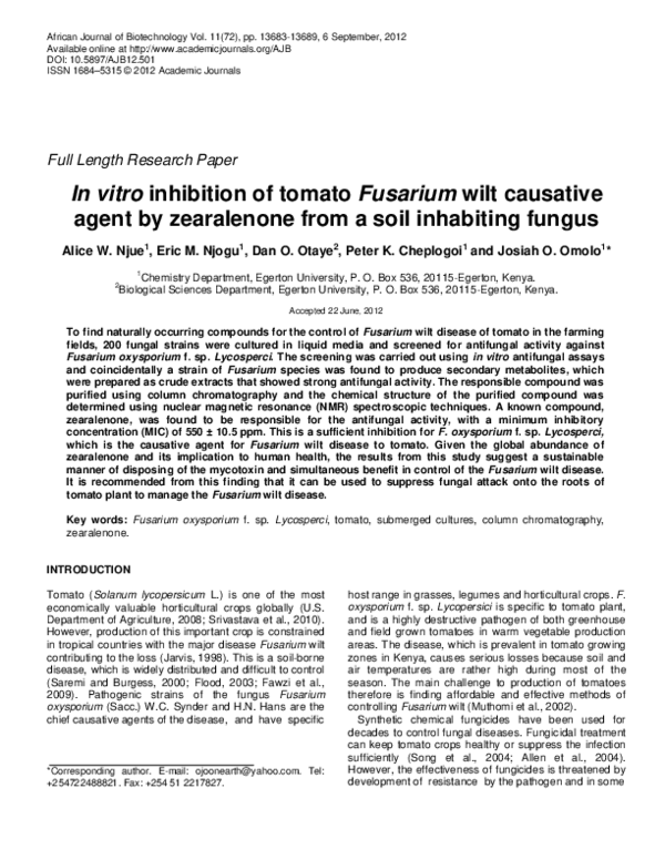 (PDF) In vitro inhibition of tomato Fusarium wilt causative agent by ...