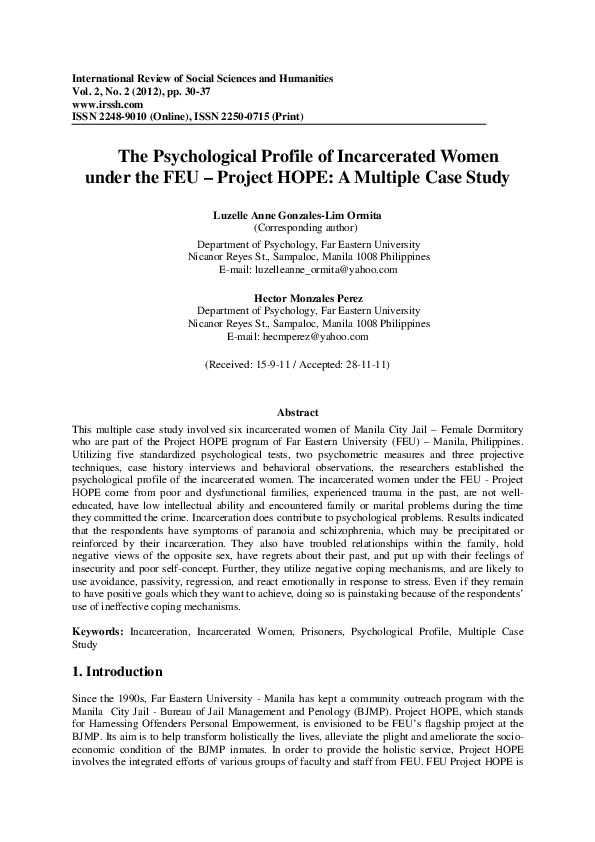 (PDF) The Psychological Profile of Incarcerated Women under the FEU ...