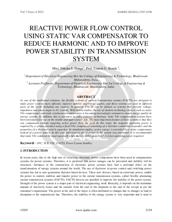 (PDF) Reactive Power Flow Control Using Static Var Compensator to Reduce Harmonic and to Improve ...
