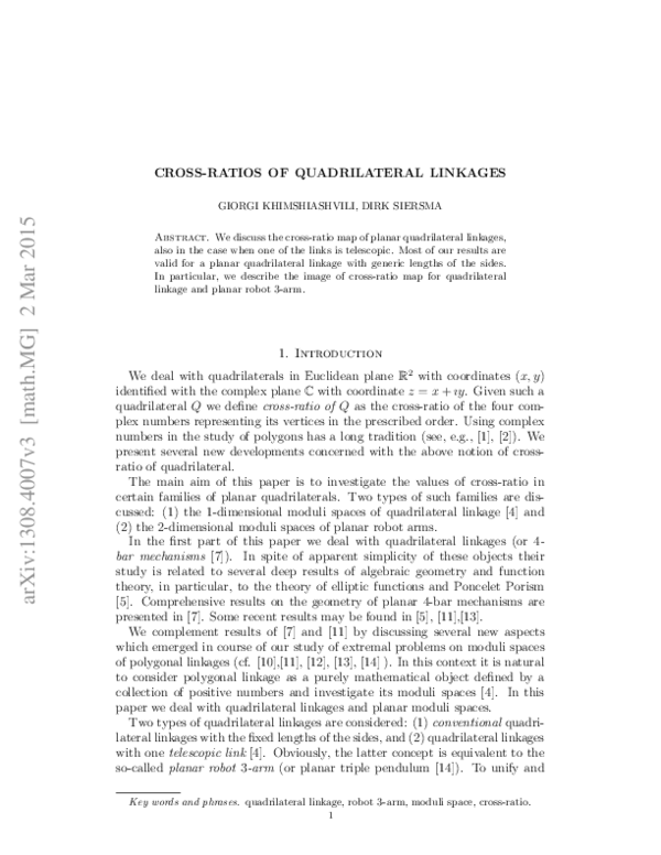 (PDF) Cross-ratios of quadrilateral linkages