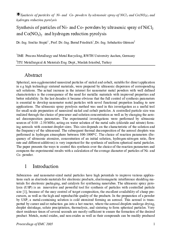 (PDF) Synthesis of particles of Ni- and Co- powders by ultrasonic spray of NiCl2 and Co(NO3)2 ...