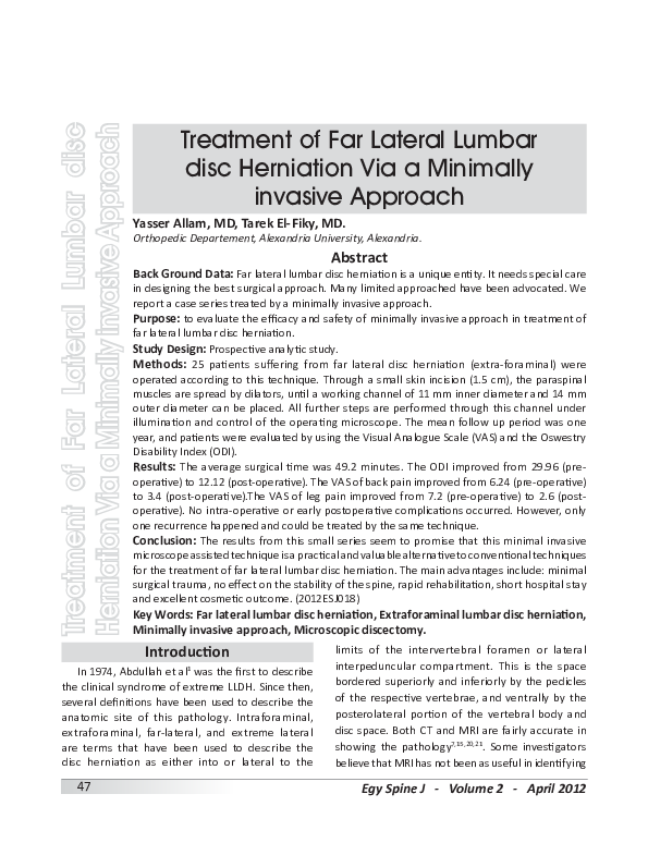 (PDF) Treatment of Far Lateral Lumbar disc Herniation Via a Minimally ...