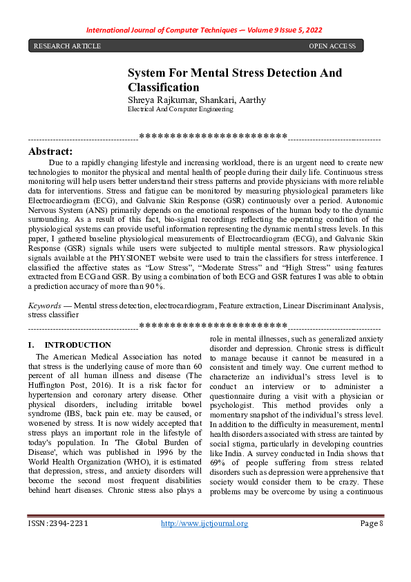 Pdf System For Mental Stress Detection And Classification Shreya
