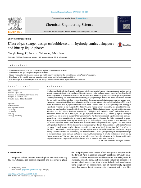 Pdf Effect Of Gas Sparger Design On Bubble Column Hydrodynamics Using Pure And Binary Liquid