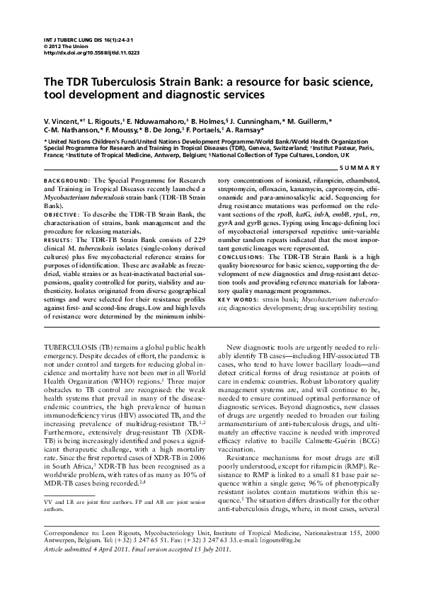 (PDF) The TDR Tuberculosis Strain Bank: a resource for basic science ...